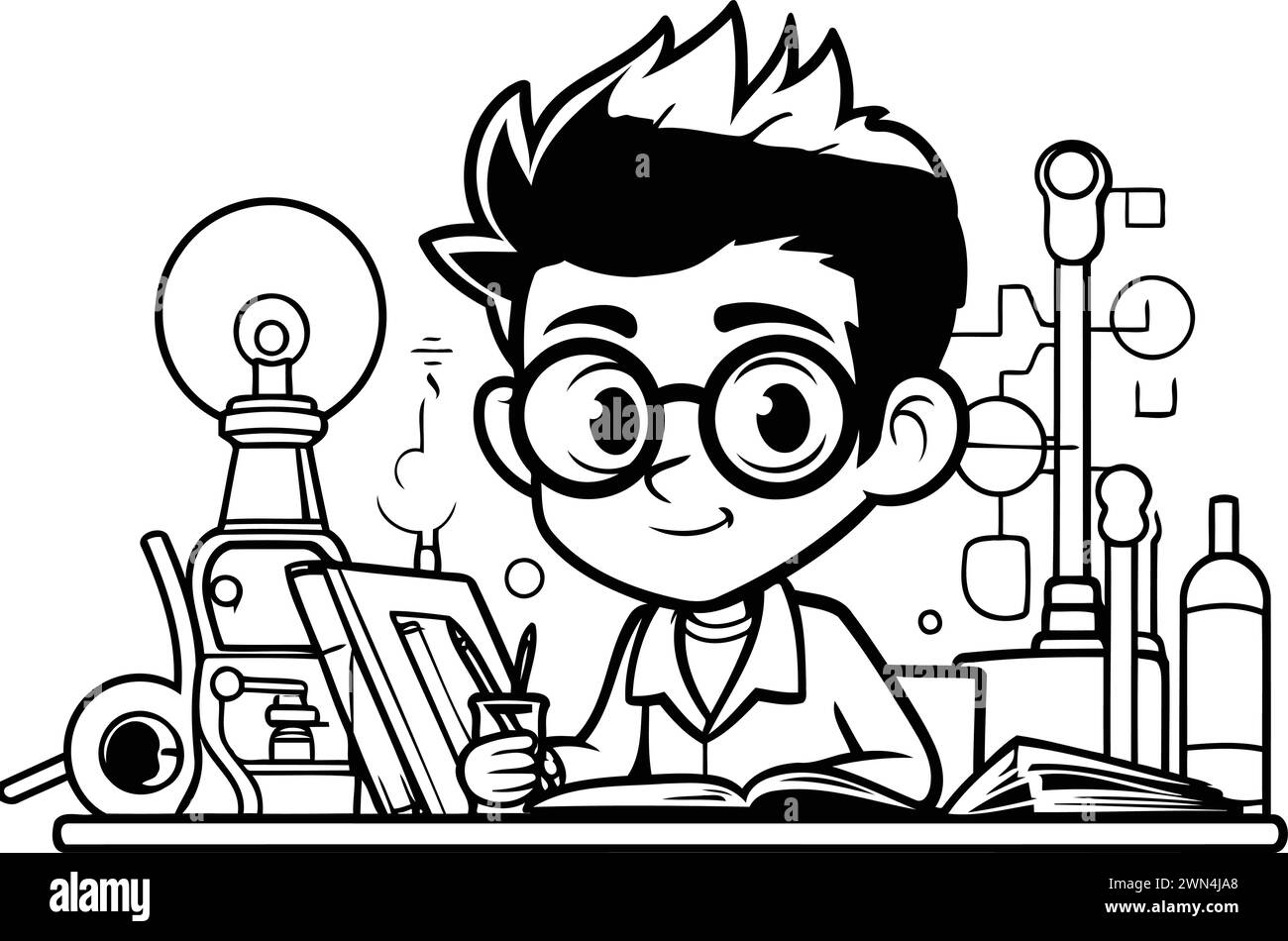 Schoolboy doing homework Black and White Stock Photos & Images - Alamy