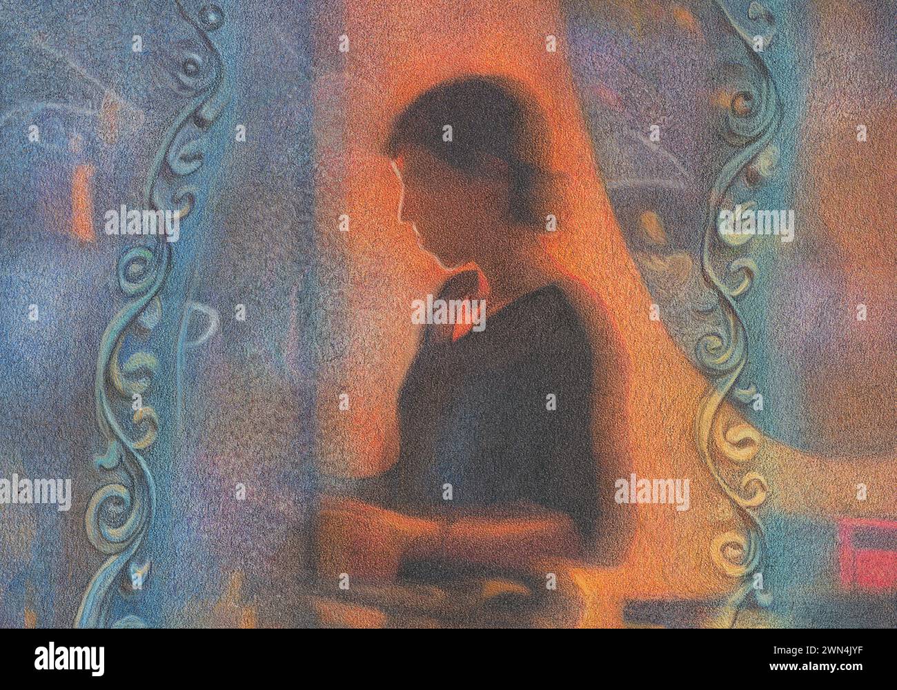 Abstract photo illustration of a single woman in profile view, working ...