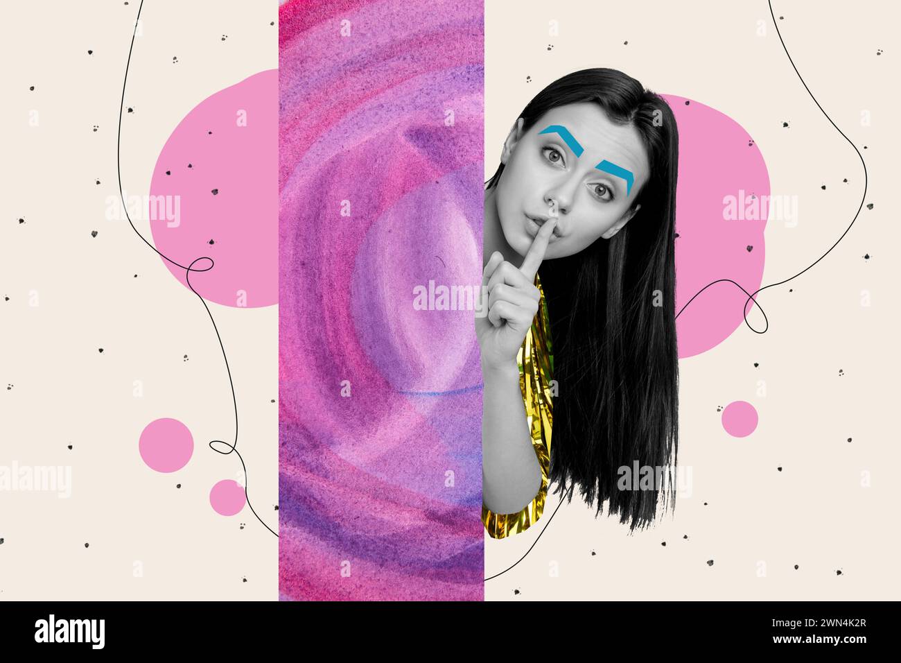 Collage picture of black white colors girl hide peek finger demonstrate ...