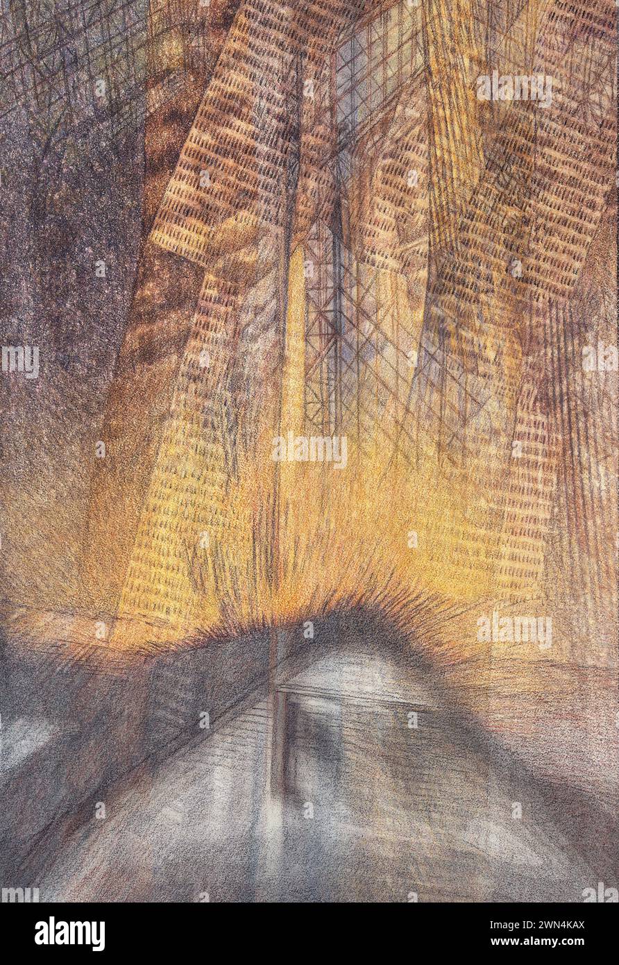 Abstract, psychedelic photo illustration of an obscure urban landscape ...