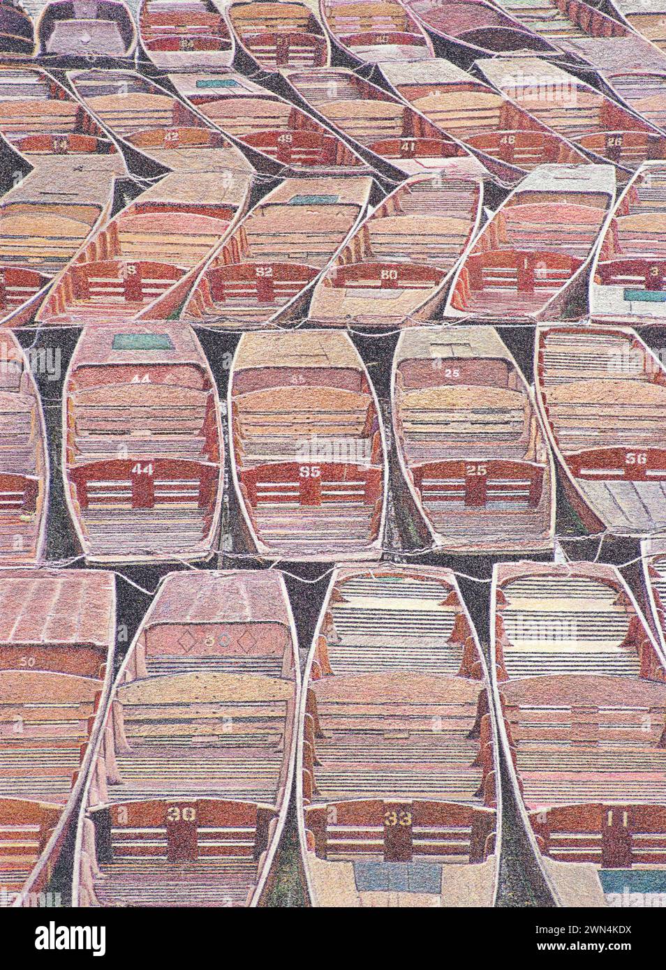 Photo illistration of rows of red and orange tinted row boats tied ...