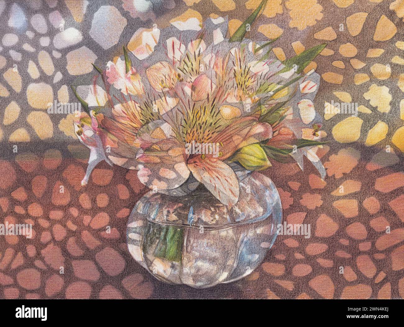 Abstract photo collage still life of a distorted, round, glass vase and ...