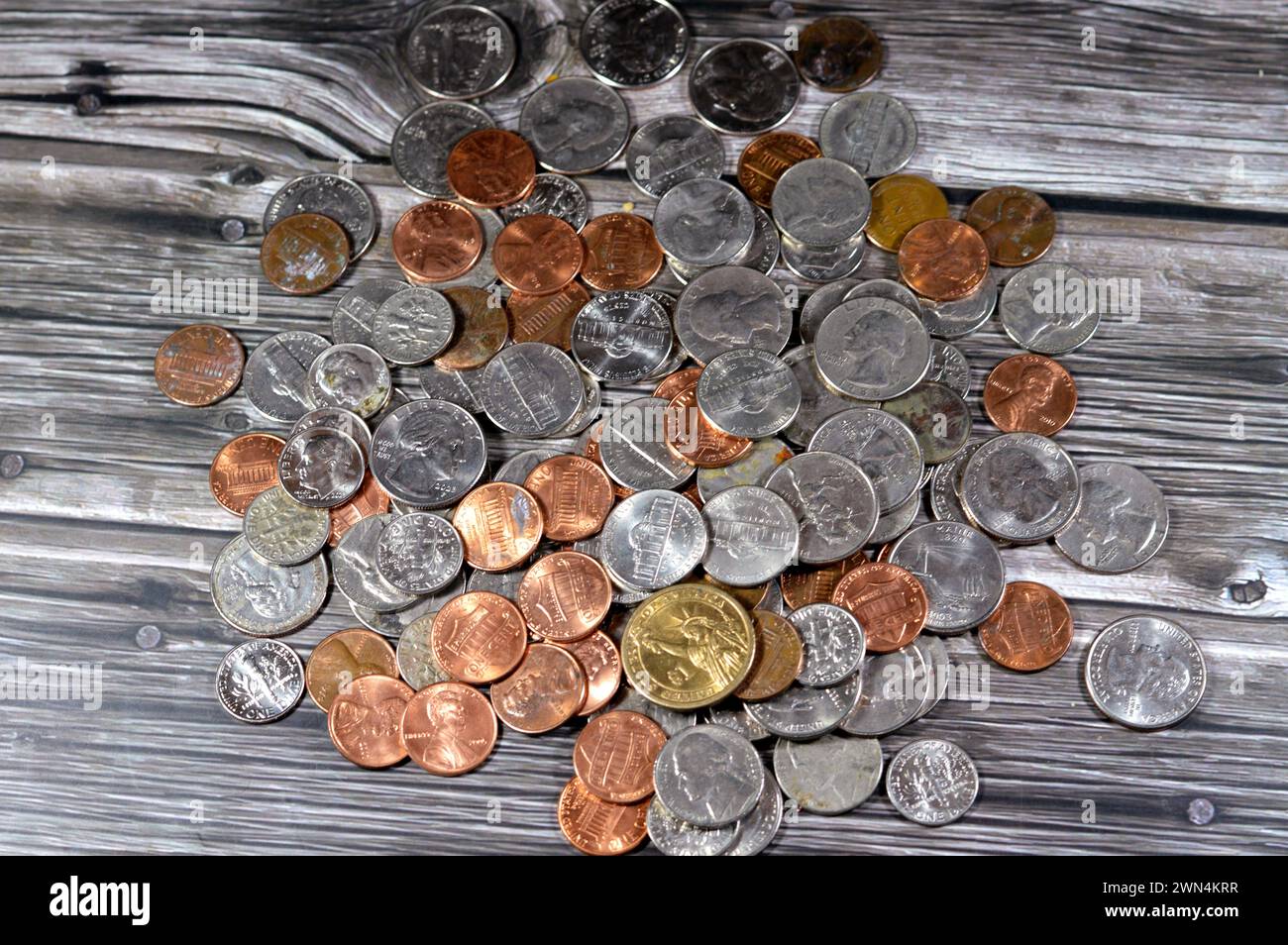 Pile of American coins of 1 cent, 5, 10, 25 cents quarter and one ...