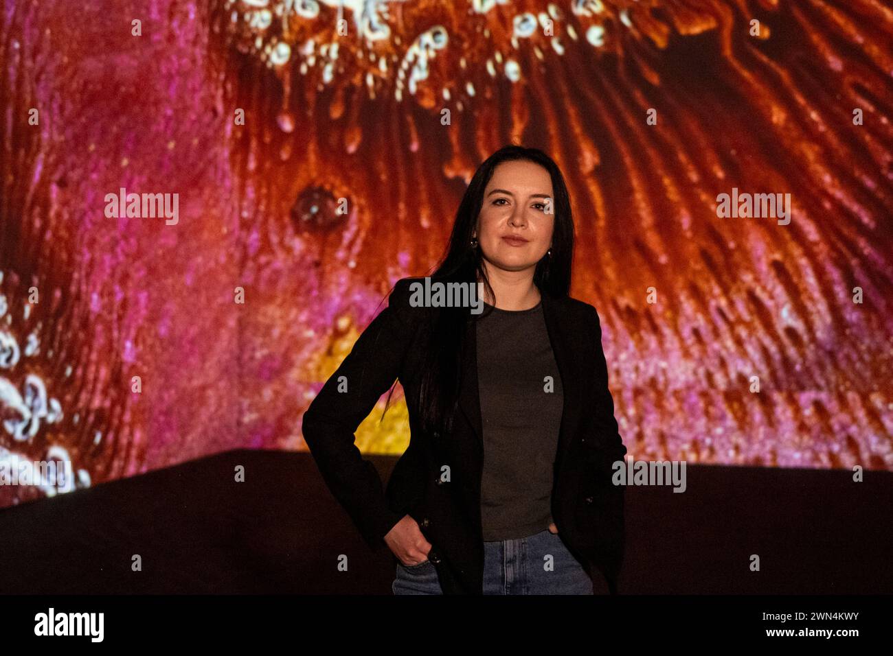 London, UK. 29 February 2024. Artist Olesea Bortniac with her work at a ...