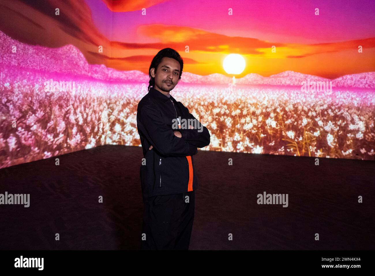 London, UK. 29 February 2024. Artist Shahwali Shayan with his work at a preview of ‘Samsara’ in ...