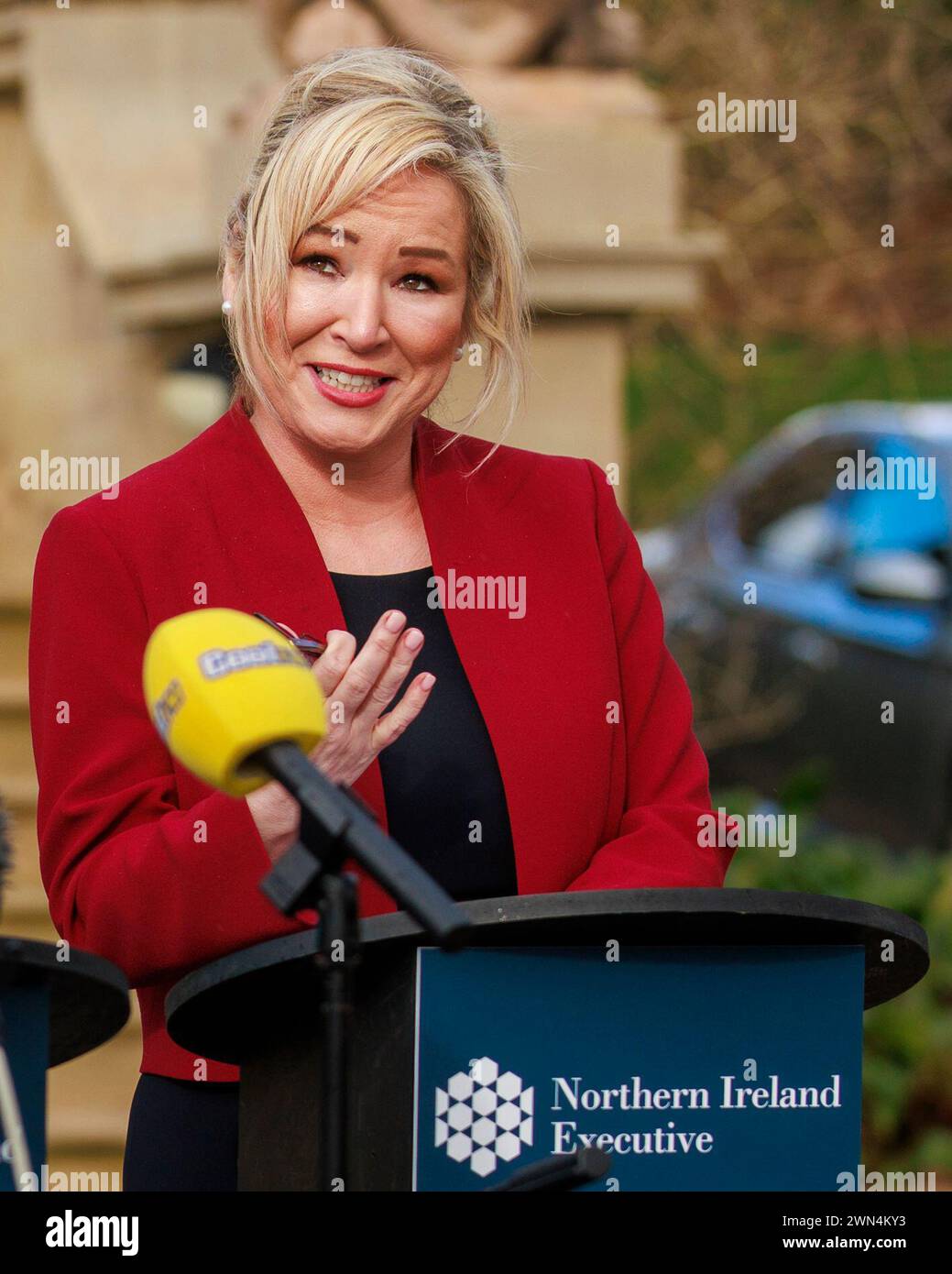 First Minister Michelle O'Neill speaks to the media at Stormont Castle ...