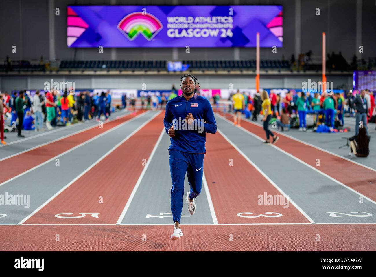 Noah Lyles, from the United States, trains during a warm up session ...