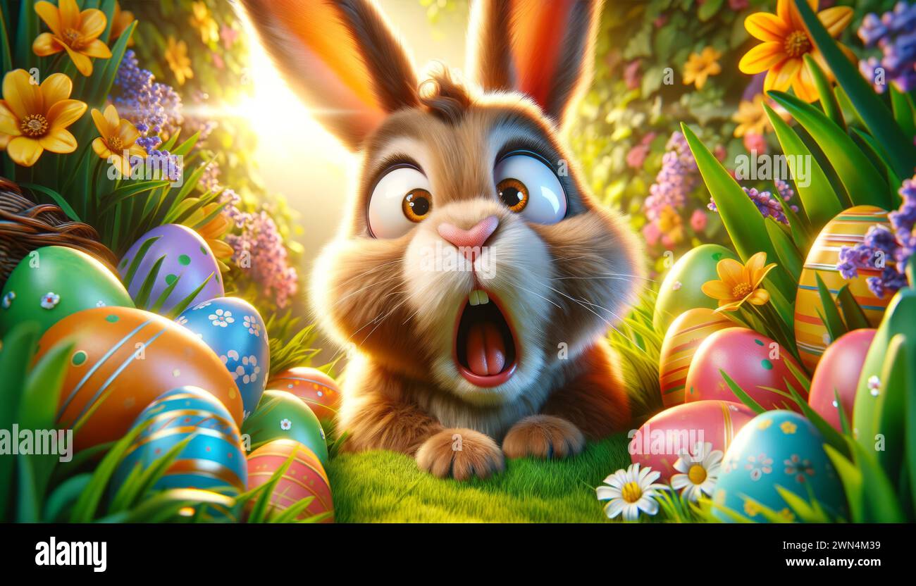 Shocked Easter Bunny Amongst Spring Flowers. surprised Easter bunny in ...