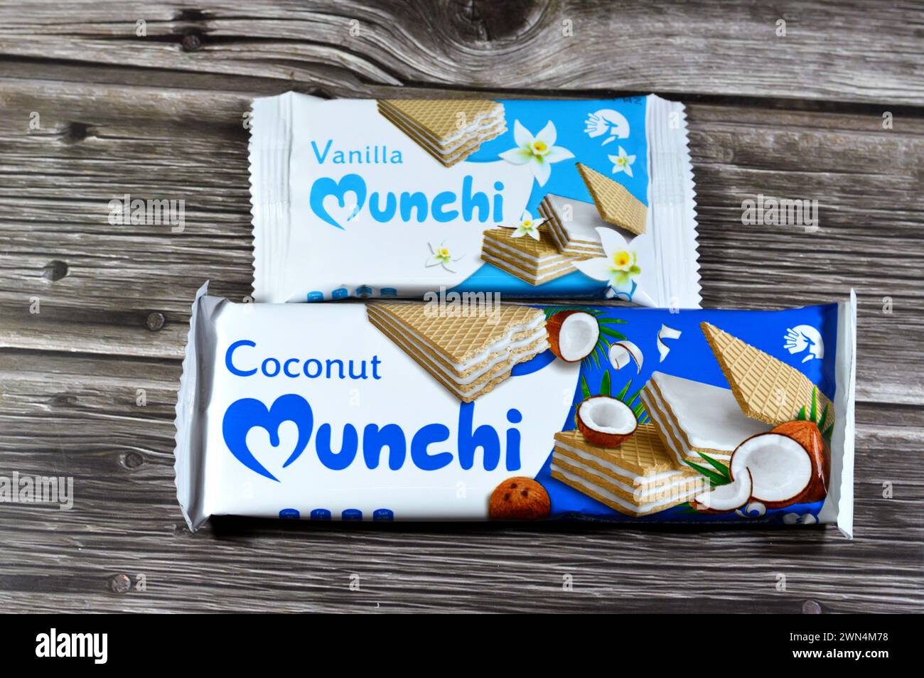 Cairo, Egypt, February 22 2024: Munchi wafers filled with vanilla and ...