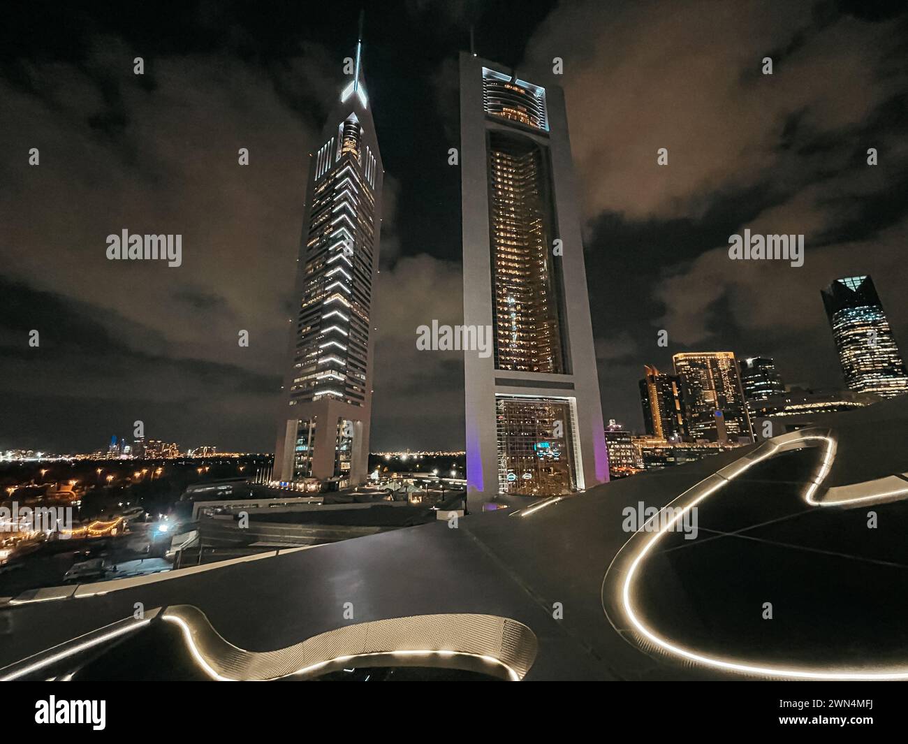 Aerial view at night of the iconic Sheikh Zayed road Skyscrapers and ...