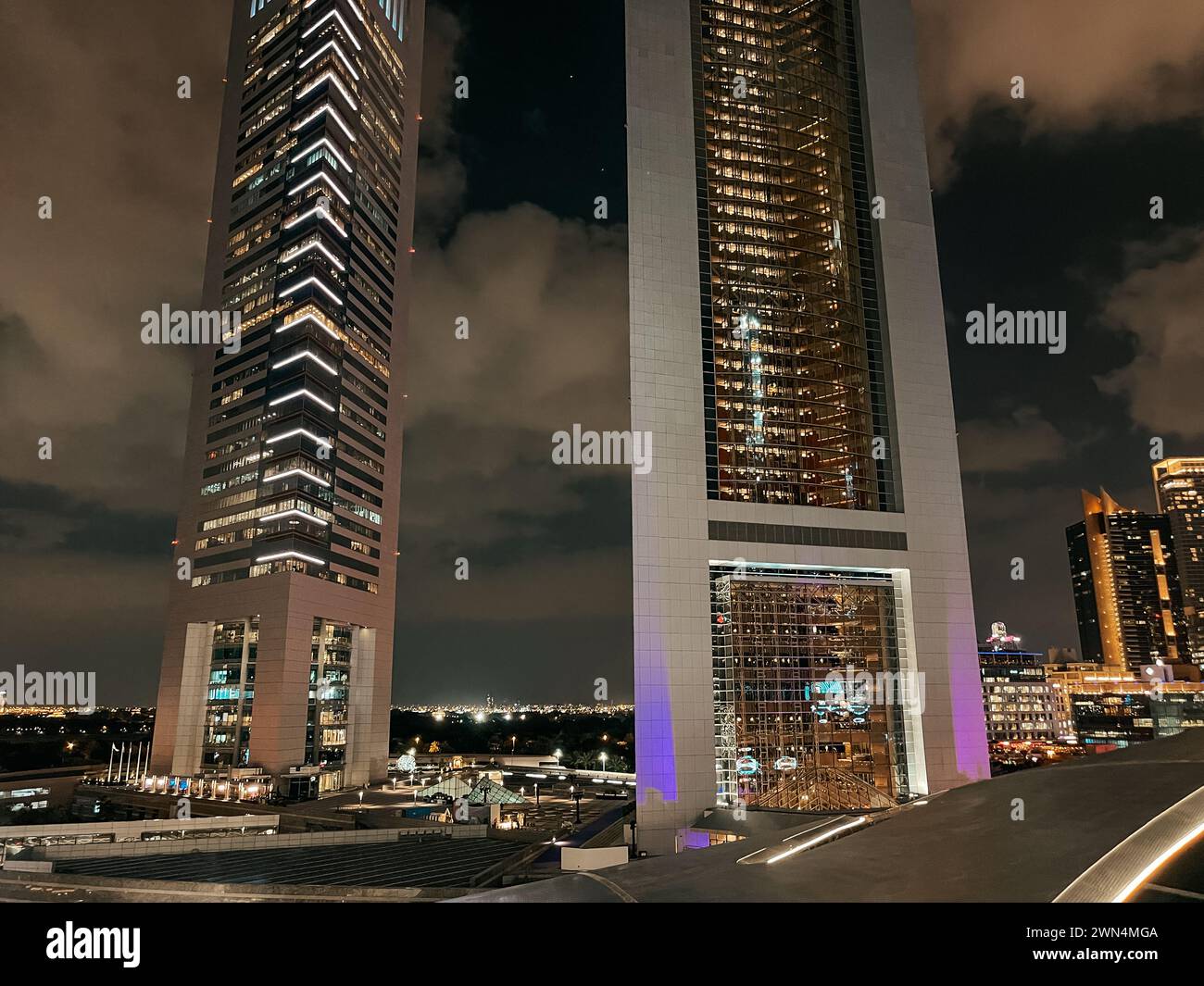 Aerial view at night of the iconic Sheikh Zayed road Skyscrapers and ...