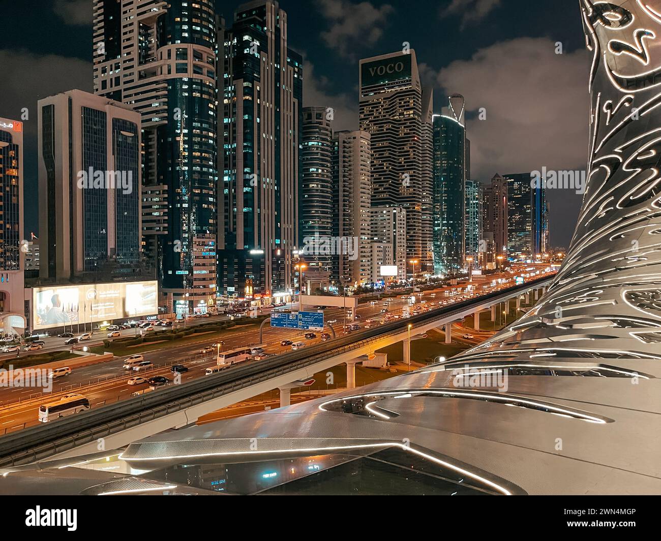 Aerial view at night of the iconic Sheikh Zayed road Skyscrapers and ...