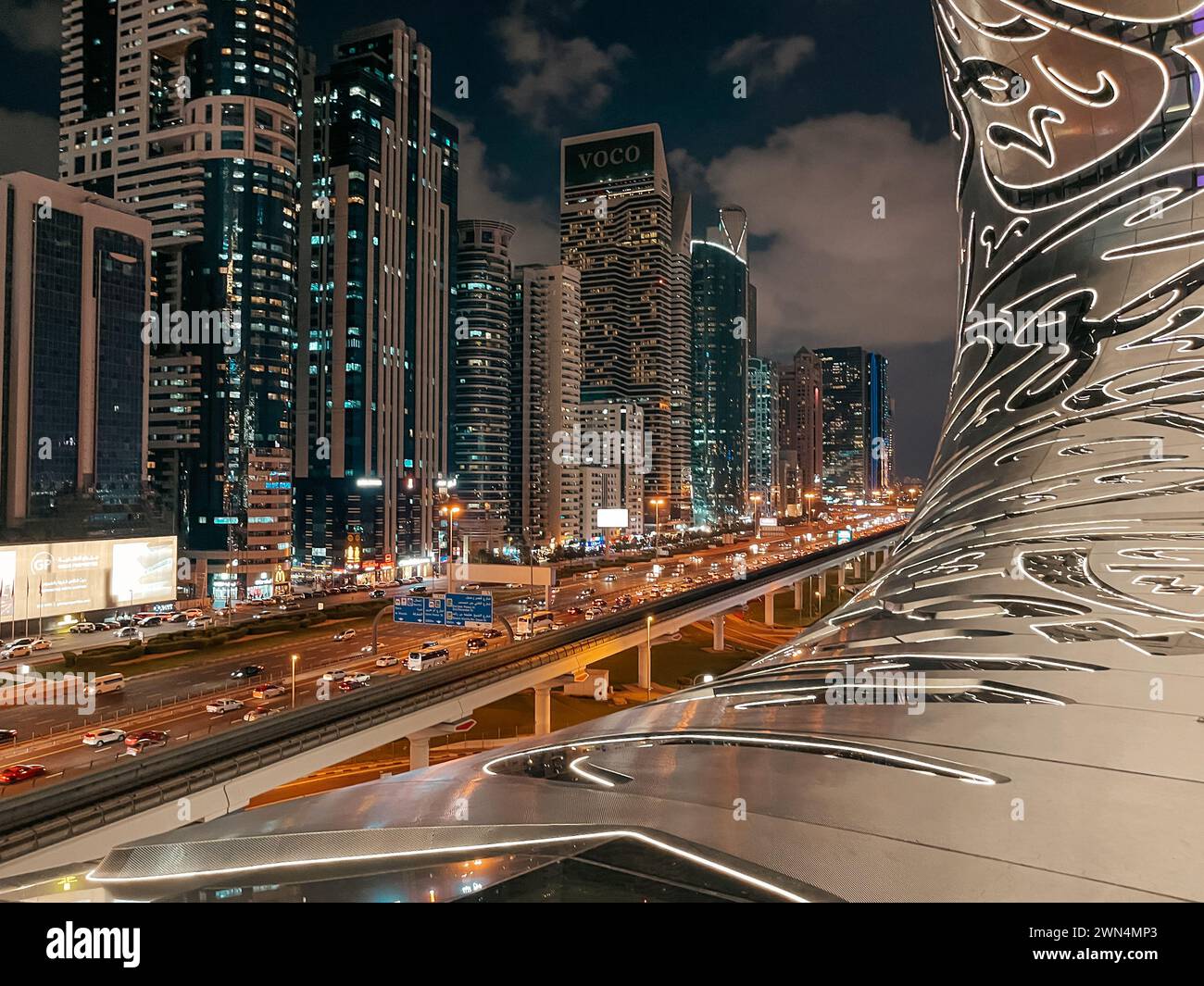 Aerial view at night of the iconic Sheikh Zayed road Skyscrapers and ...