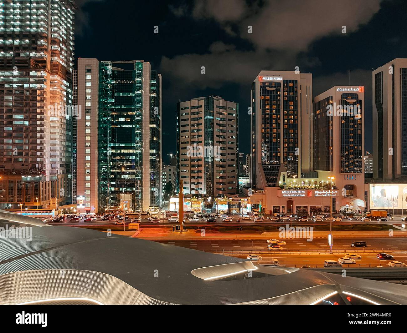 Aerial view at night of the iconic Sheikh Zayed road Skyscrapers and ...