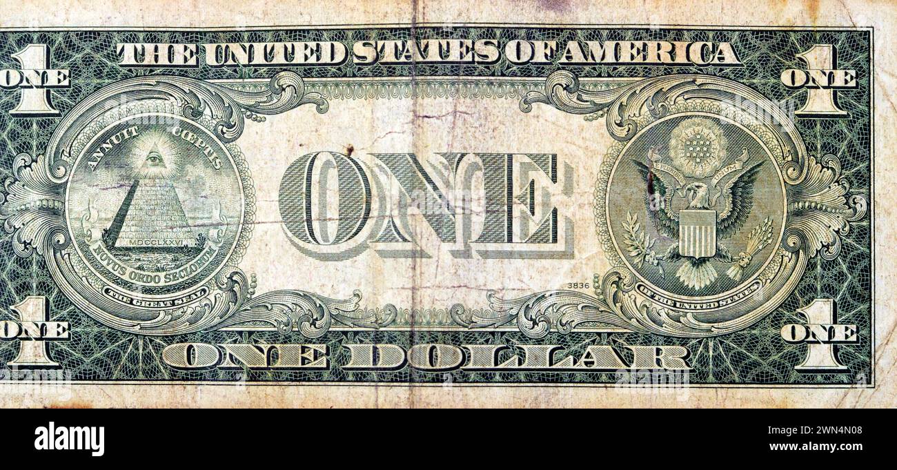 Large fragment of the reverse side of 1 one dollar bill banknote series ...