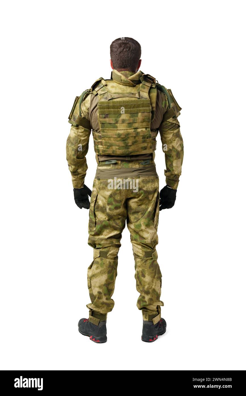 Back view of male soldier in military uniform isolated on white ...