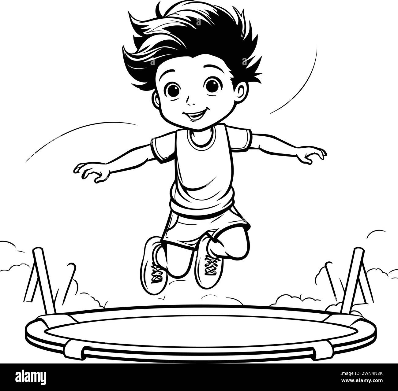 Boy Jumping on Trampoline - Black and White Cartoon Illustration ...