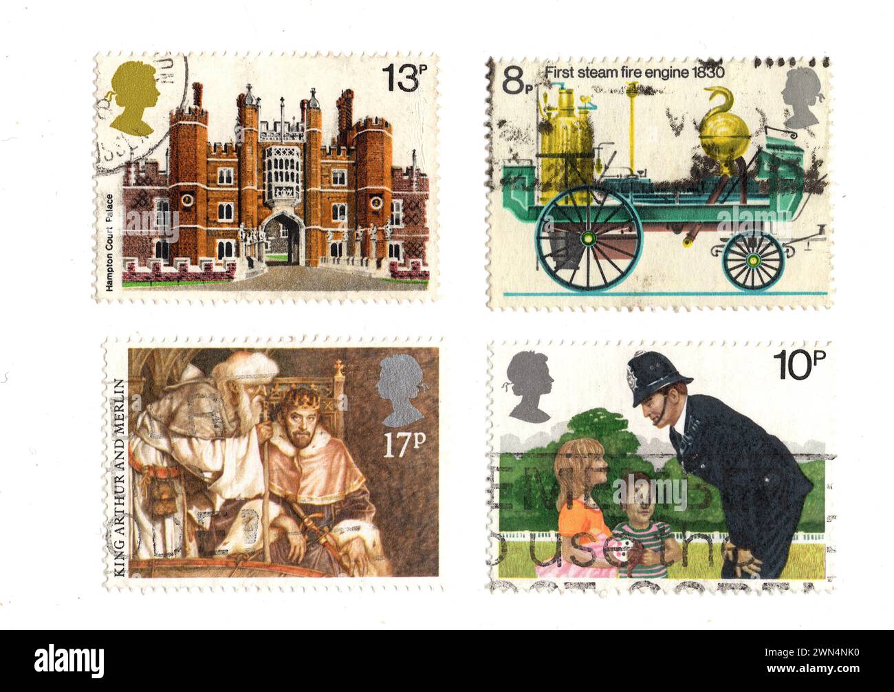 Vintage commemorative postage stamps from the United Kingdom isolated ...