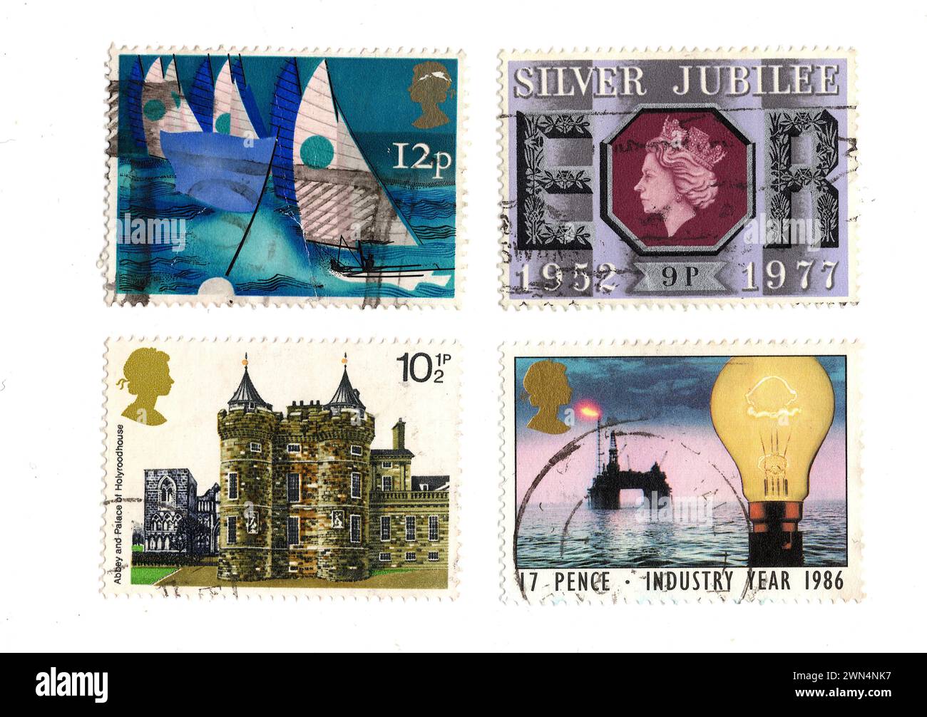 Vintage commemorative postage stamps from the United Kingdom isolated ...