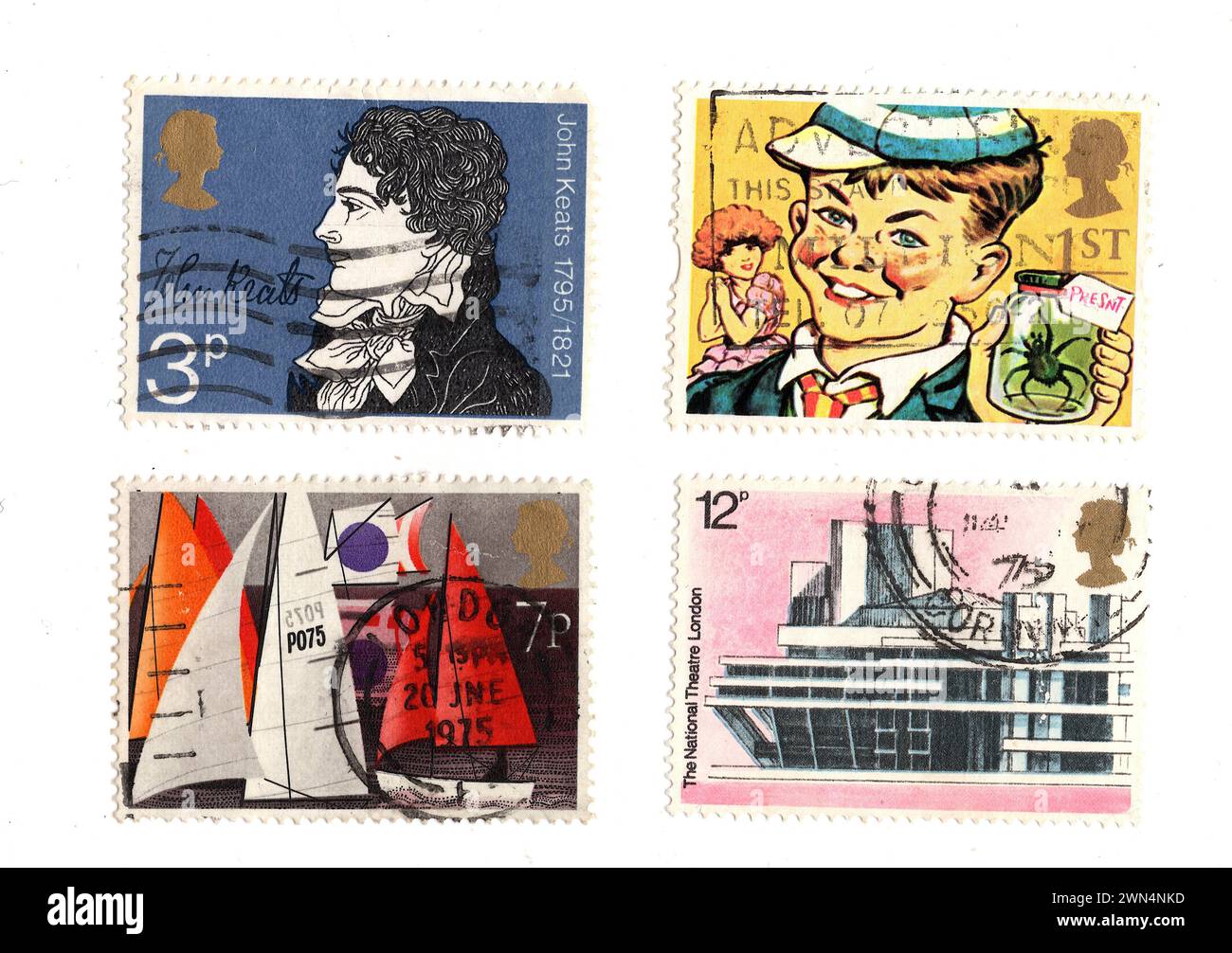 Vintage commemorative postage stamps from the United Kingdom isolated ...