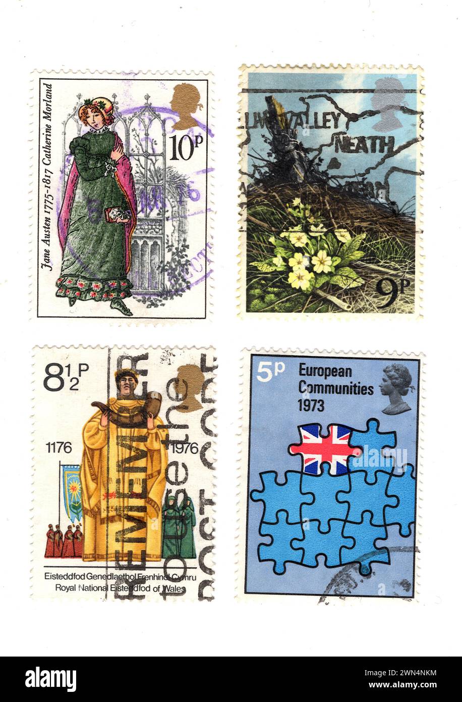 Vintage commemorative postage stamps from the United Kingdom isolated ...