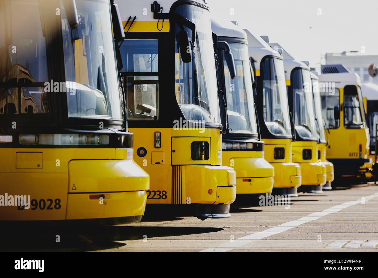 Berlin, February 29, 2024. Trams from the Berliner Verkehrsbetriebe BVG ...