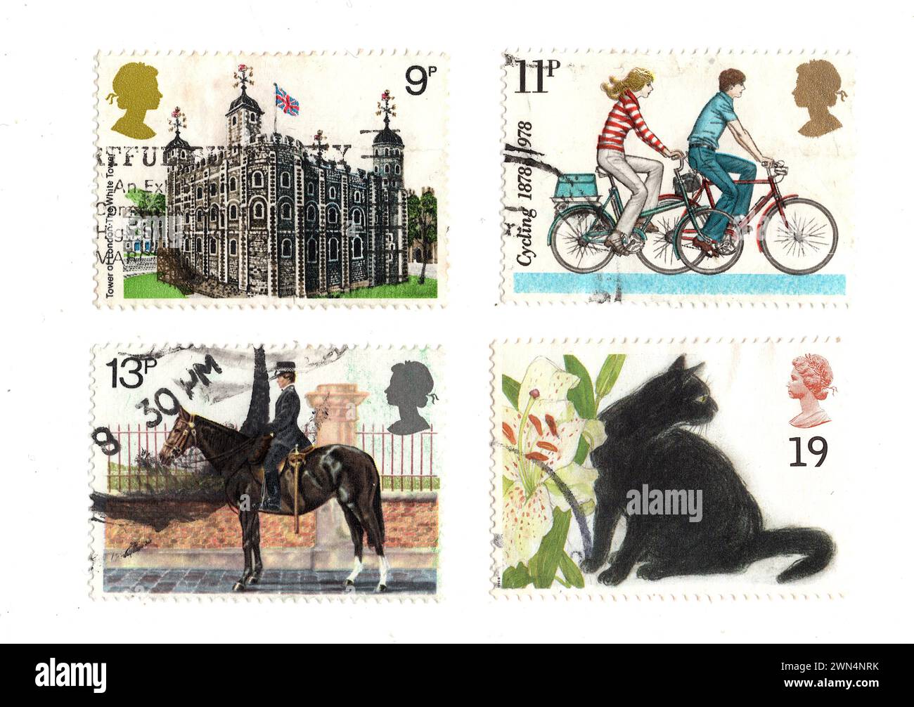Vintage commemorative postage stamps from the United Kingdom isolated ...