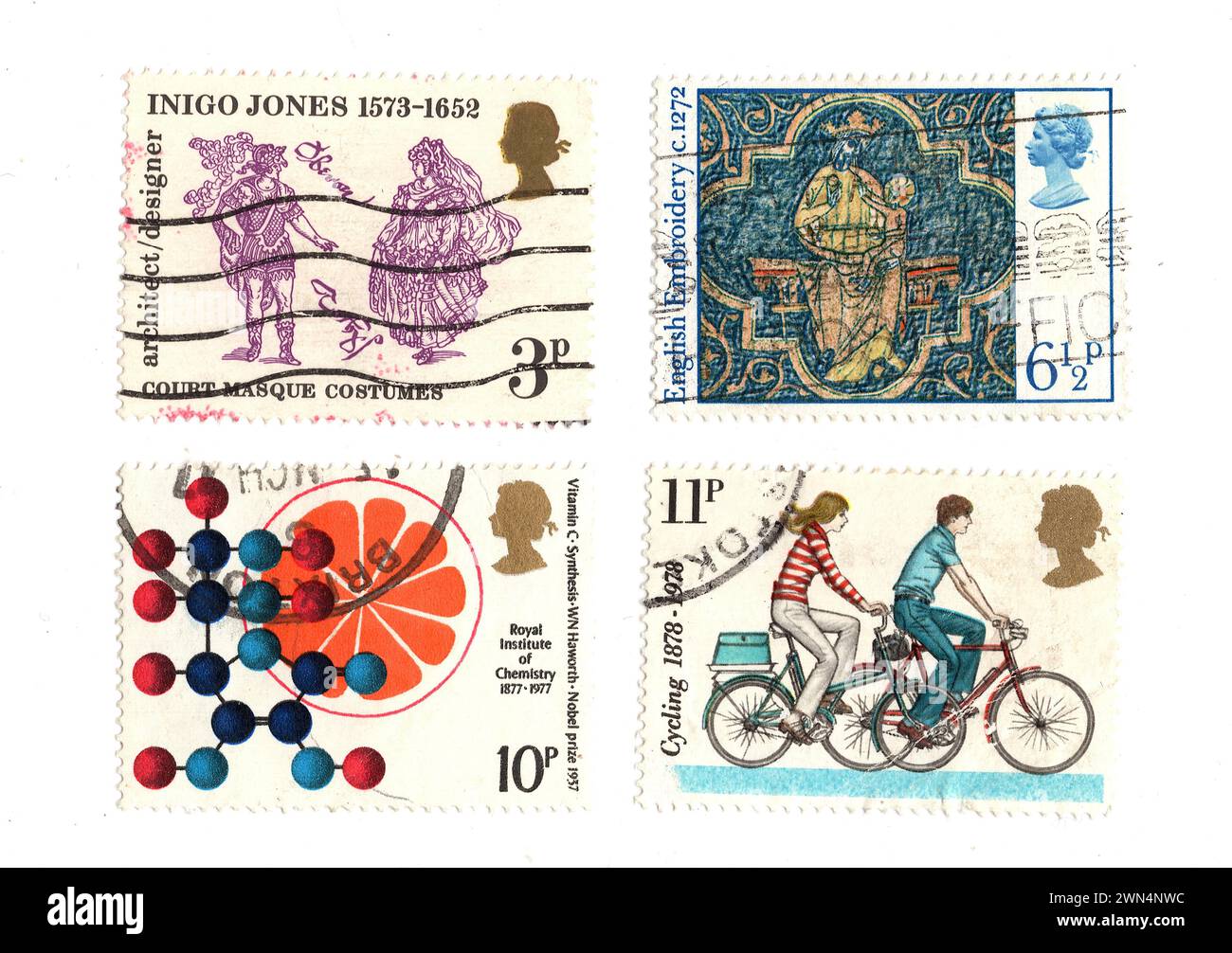 Vintage commemorative postage stamps from the United Kingdom isolated ...