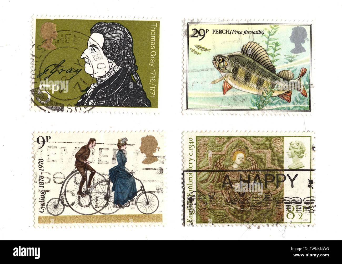 Vintage commemorative postage stamps from the United Kingdom isolated ...