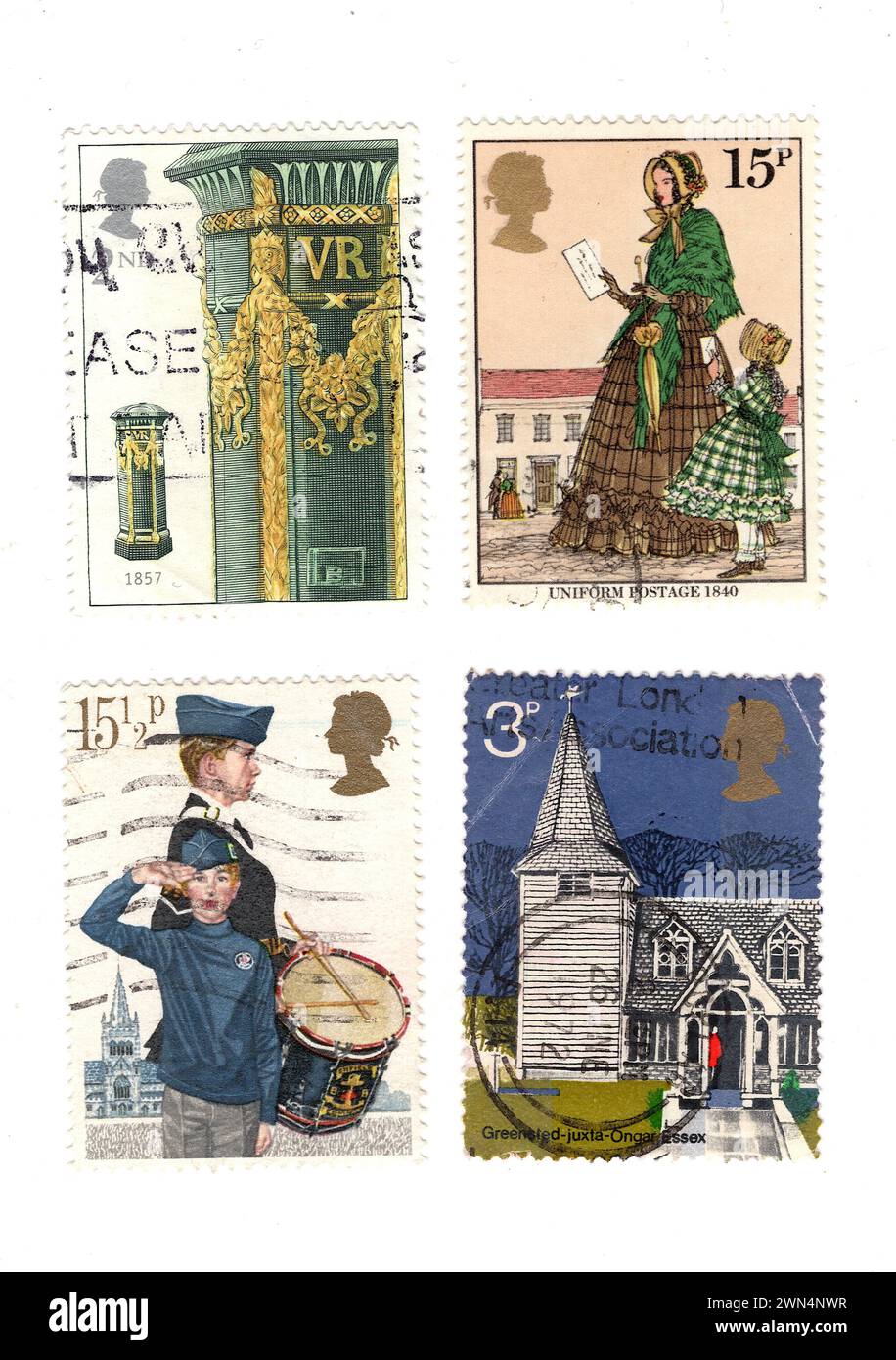 Vintage commemorative postage stamps from the United Kingdom isolated ...