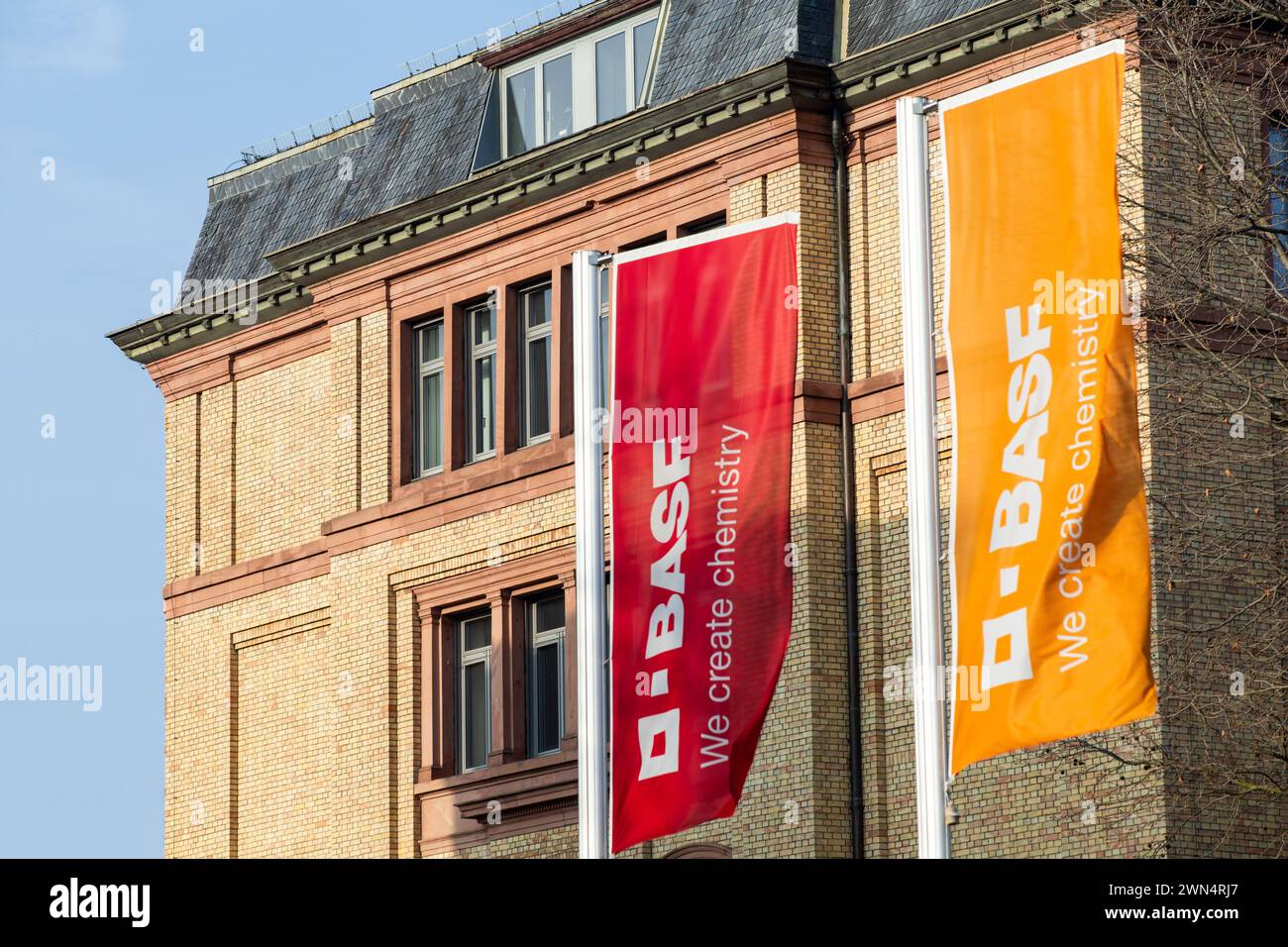 February 2024: BASF flags at the entrance to the main plant in ...