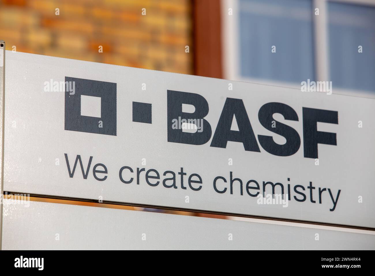 February 2024: BASF sign at the entrance to the main plant in ...
