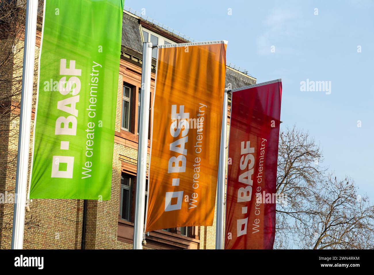 February 2024: BASF flags at the entrance to the main plant in ...