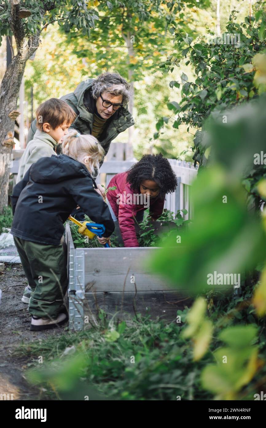 Senior female teacher teaching gardening to preschool kids at garden ...