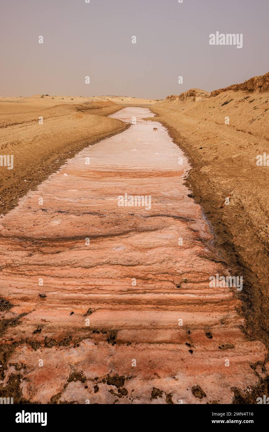 shades of pink in layers of salt in a long thin salt evaporation pan in ...