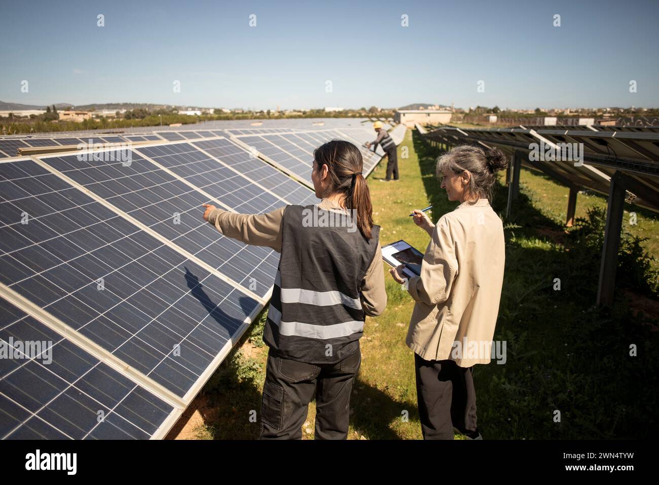 Female engineer showing solar panels to senior entrepreneur during ...