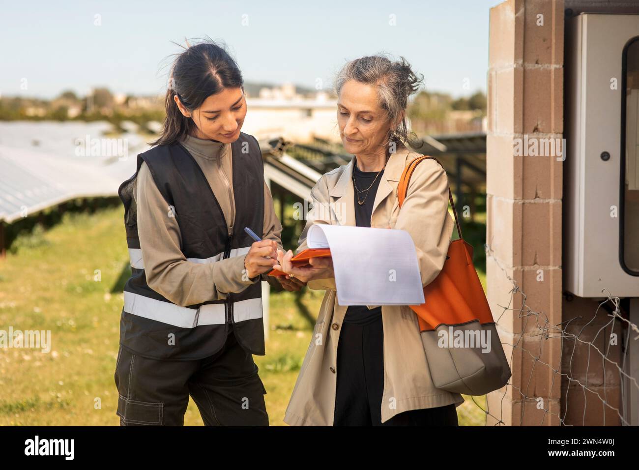 Female entrepreneur taking signature of engineer after visit at solar ...