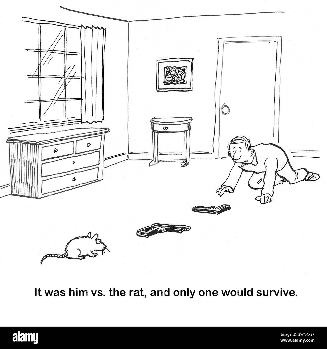 BW cartoon of a standoff between the man and the rat - they each had a ...