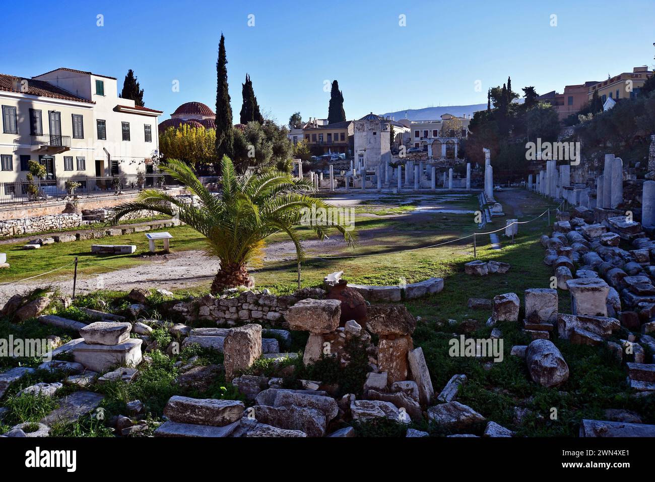 Athens, Greece - December19, 2023: Ancient Roman Agora - Marketplace with tower of the winds in ...
