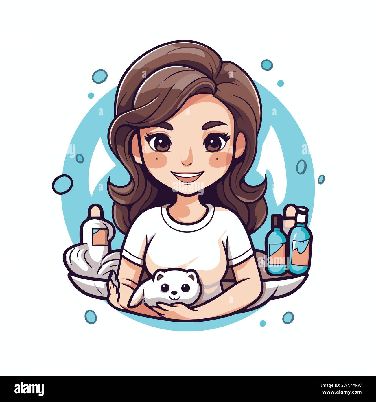 Beautiful girl cartoon character with cosmetic products. Vector ...