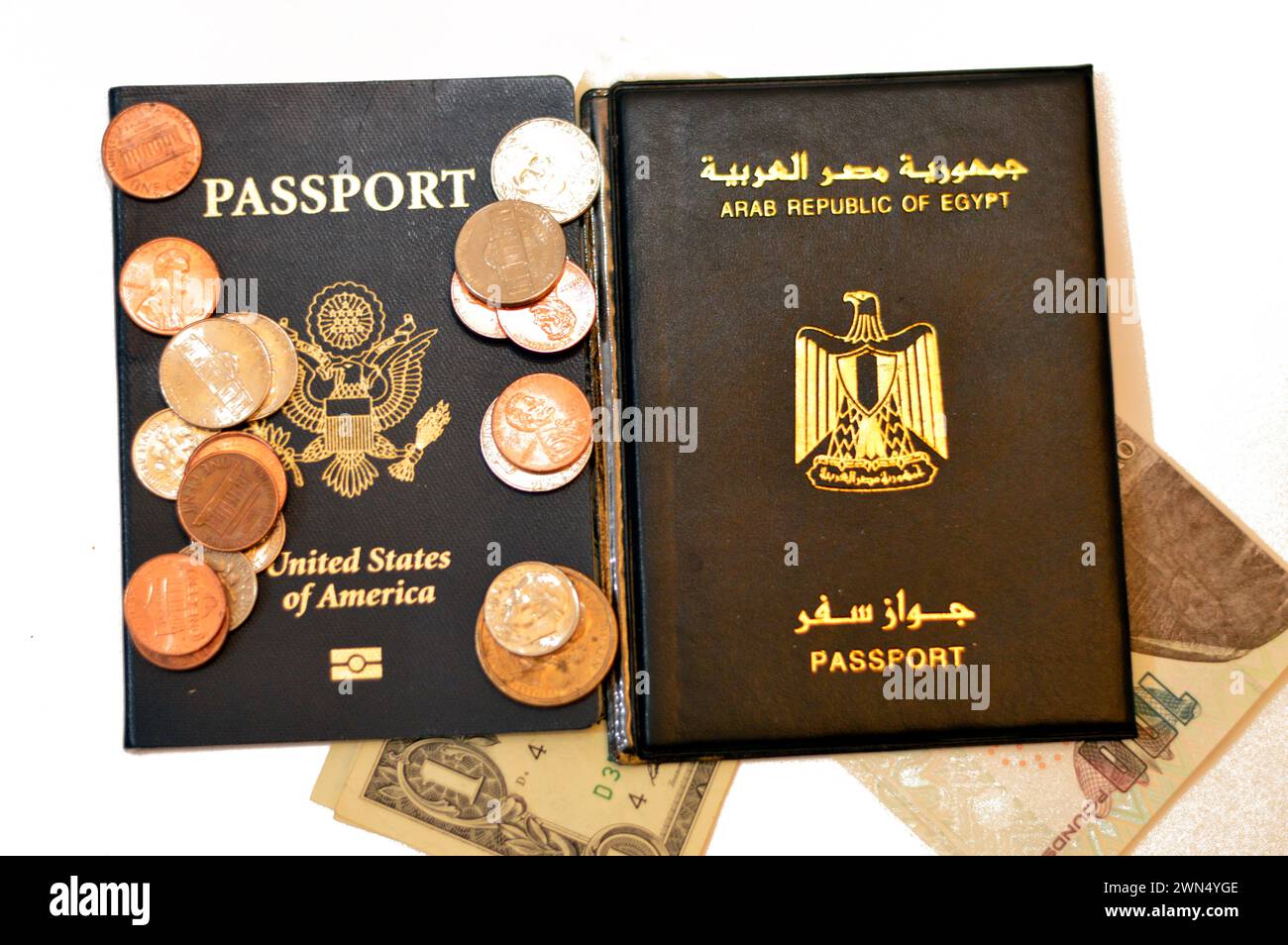 Egyptian passport, Egypt's money banknotes pounds, American passport ...