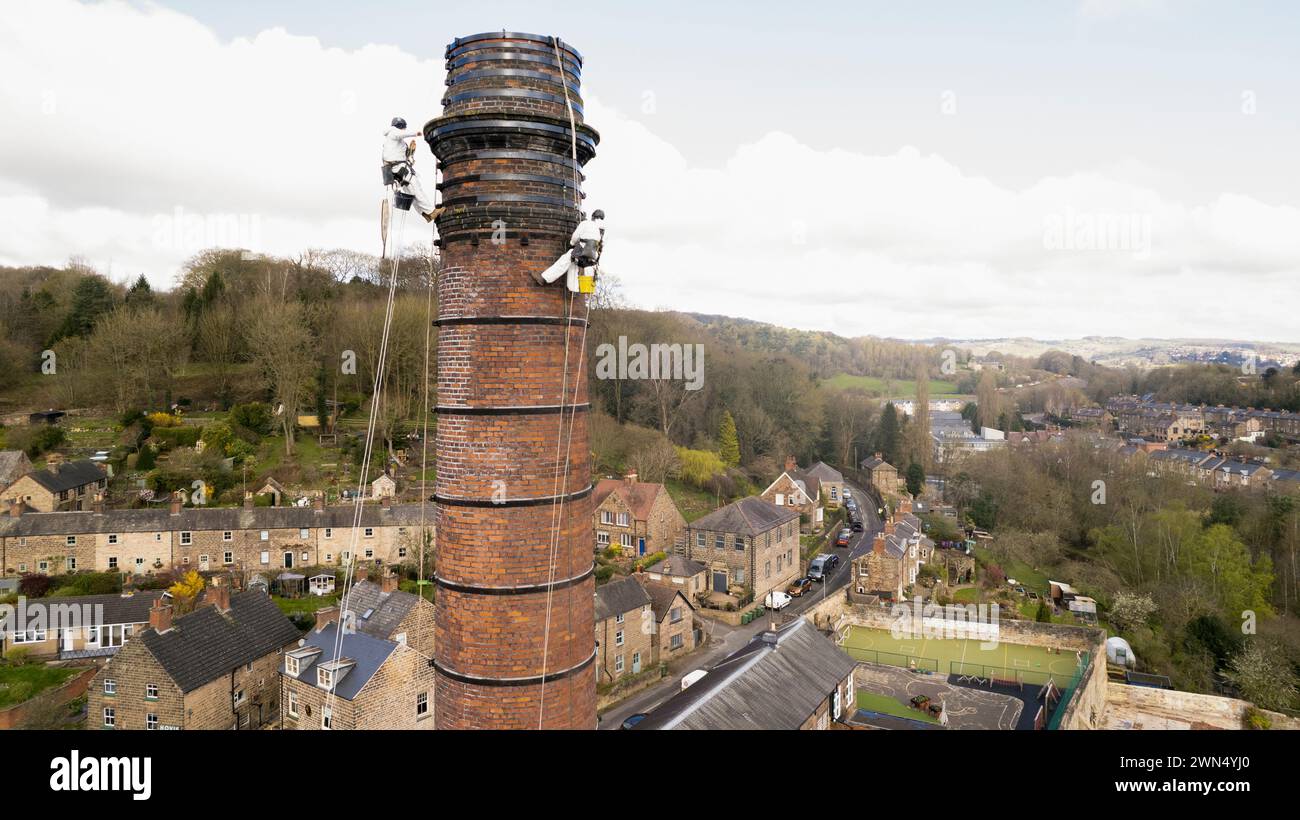 01/04/22 Steeplejacks scale the 43 metre-high Milford Mill chimney to ...