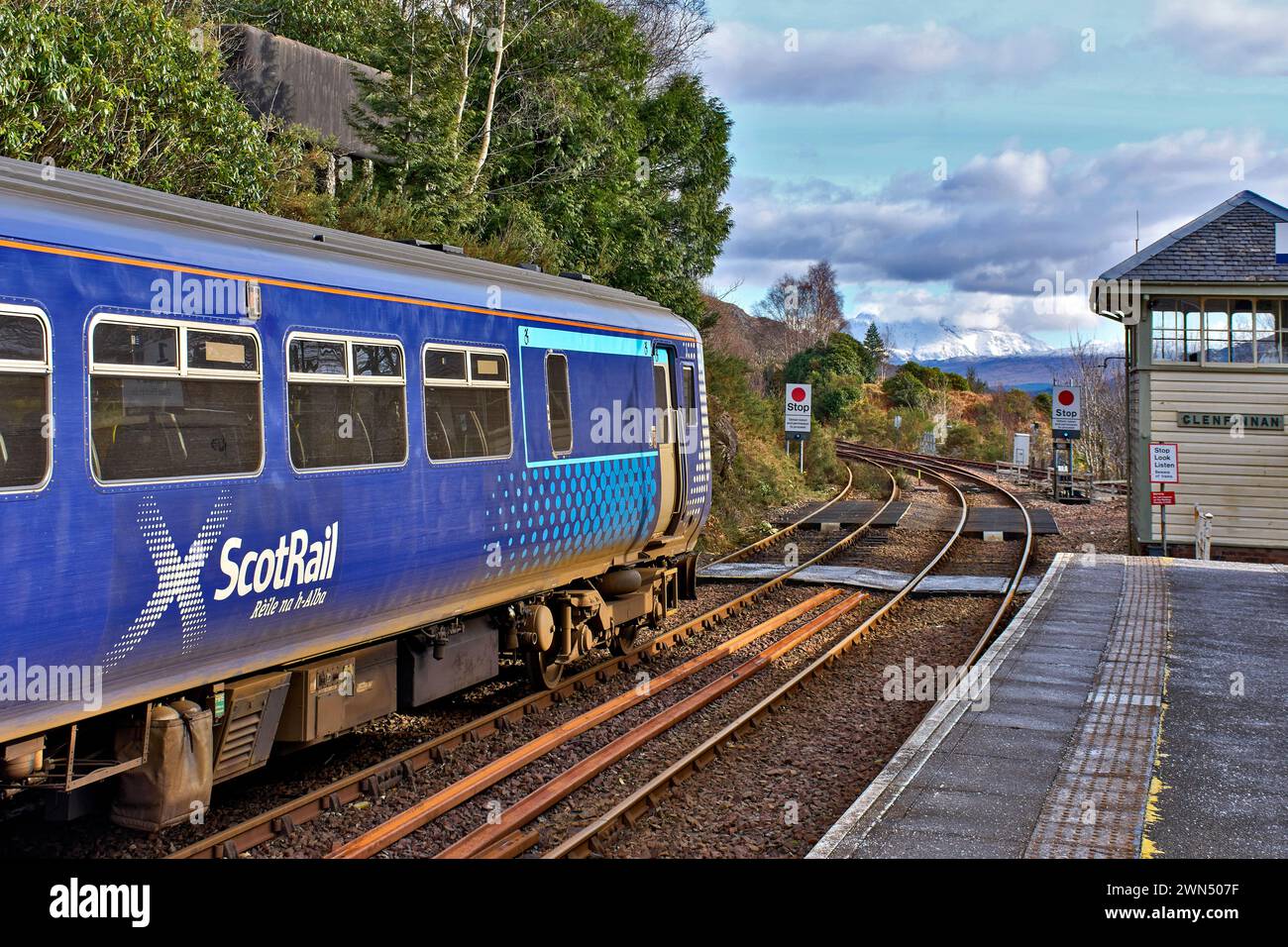 Glenfinnan Railway Station a ScotRail Train the signal box and snow ...