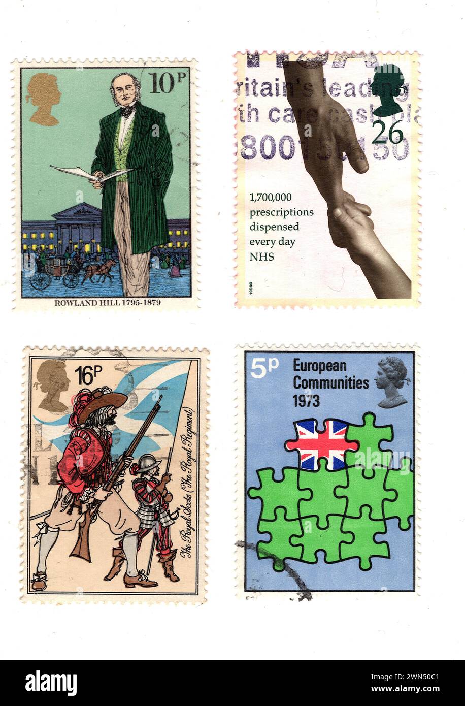 Vintage postage stamps from the United Kingdom isolated on a white ...