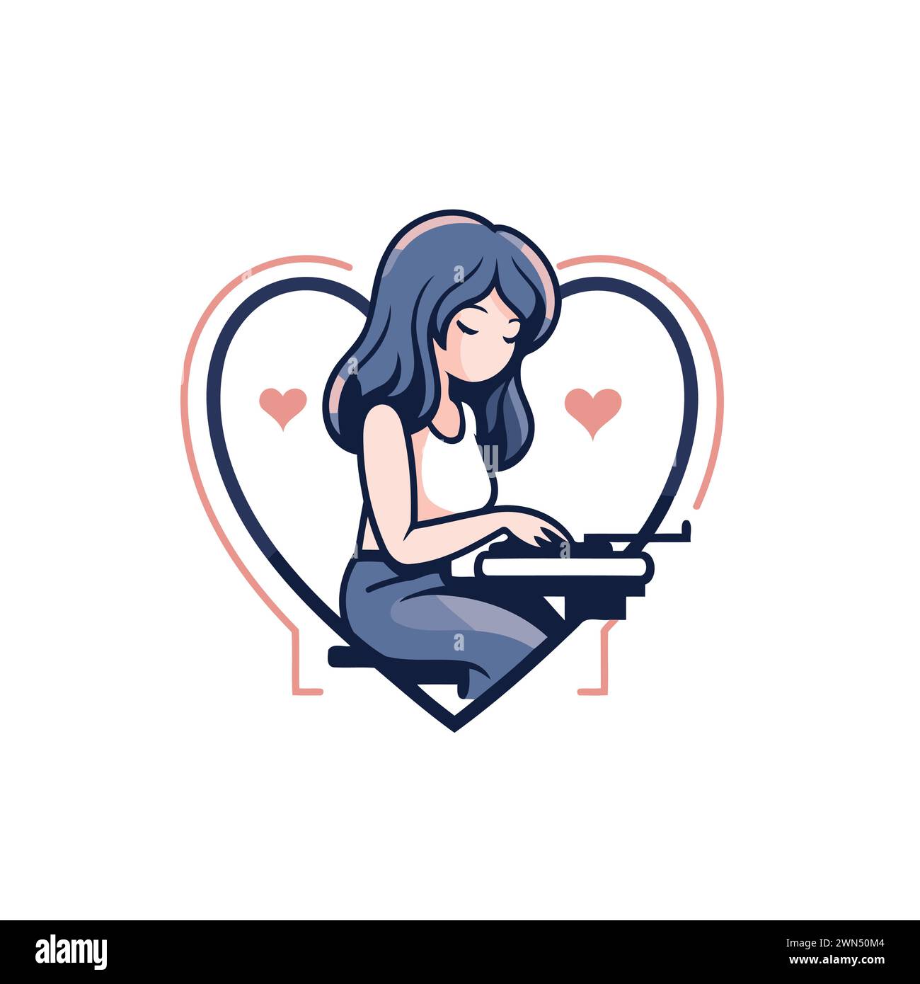 Vector illustration of a girl typing on a typewriter with a heart in ...