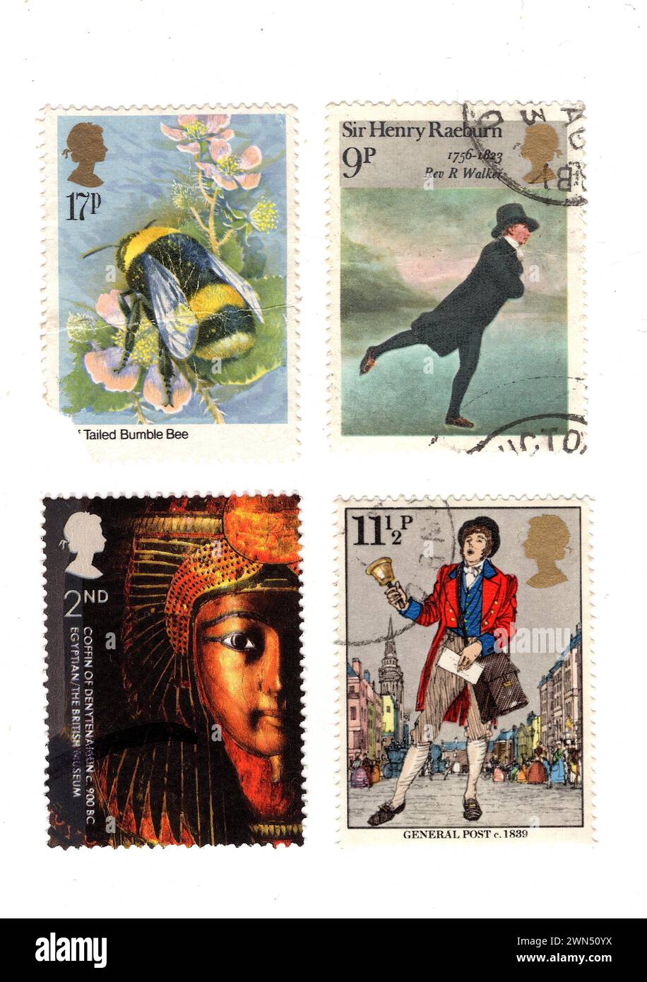 Vintage postage stamps from the United Kingdom isolated on a white ...