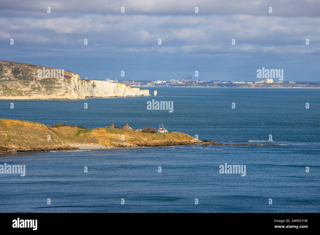 Pevril Point, Old Harry Rocks with Bournemouth in the background ...