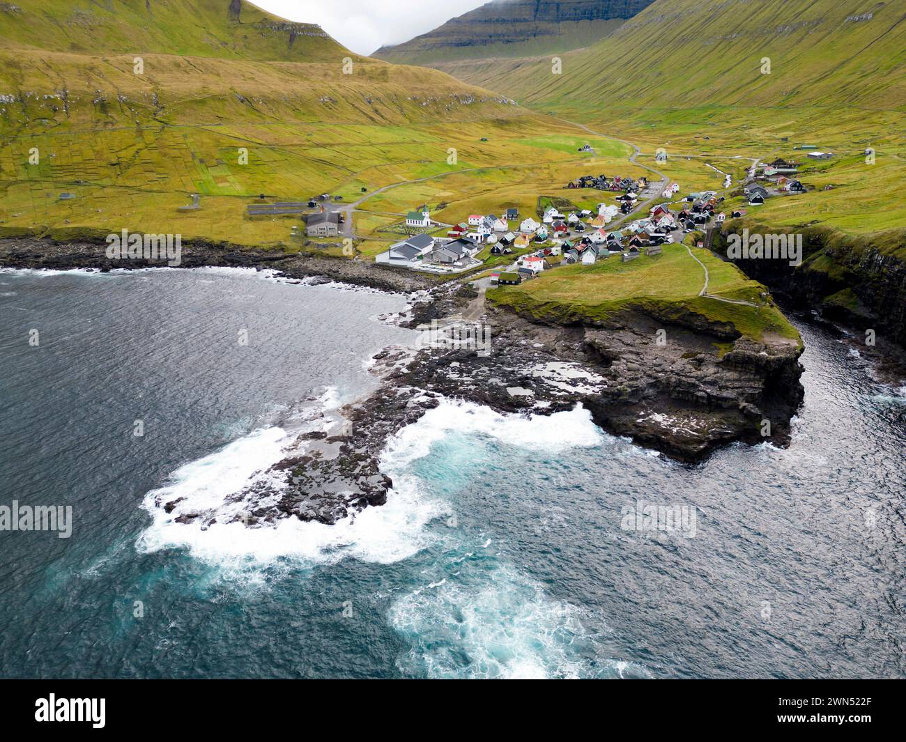 Aerial view of Gjogv and the beautiful cliffs, Faroe islands Stock ...