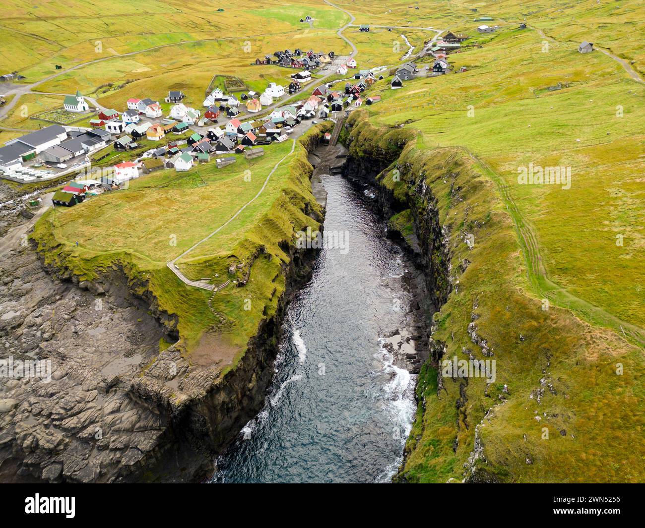 Aerial view of Gjogv and the beautiful cliffs, Faroe islands Stock ...