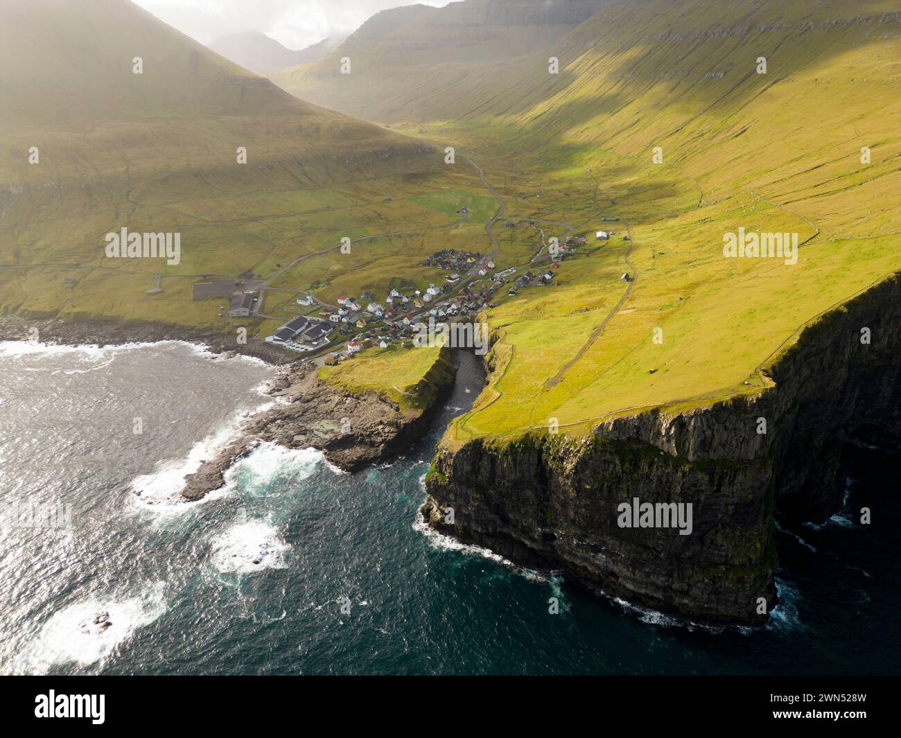 Aerial view of Gjogv and the beautiful cliffs, Faroe islands Stock ...